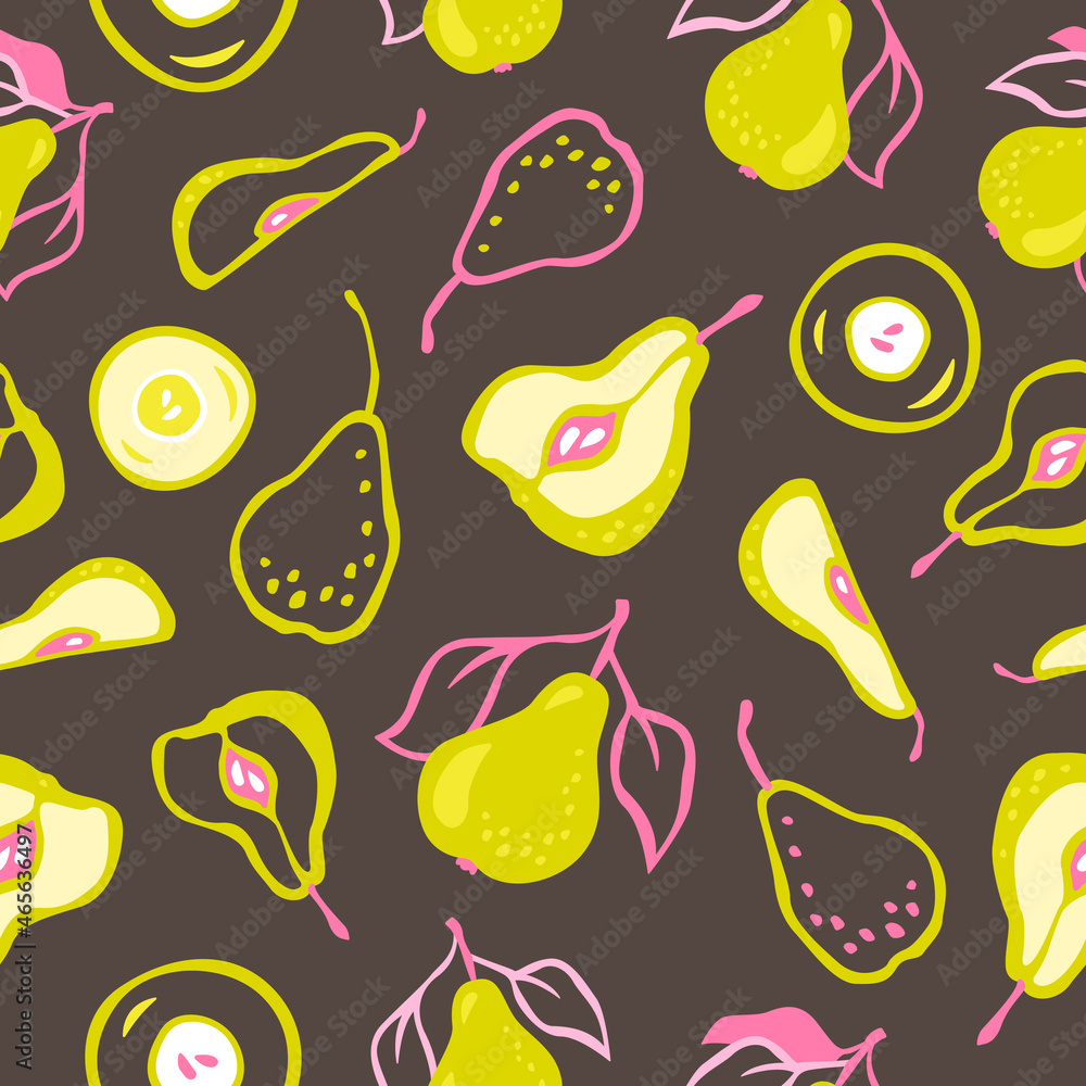 Pear background. Hand drawn vector pattern of decorative pears. Pattern ...