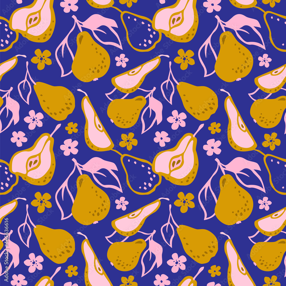 Pear background. Hand drawn vector pattern of decorative pears. Pattern ...