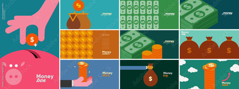 Money. A collection of banners. Cash is digital money, business objects ...