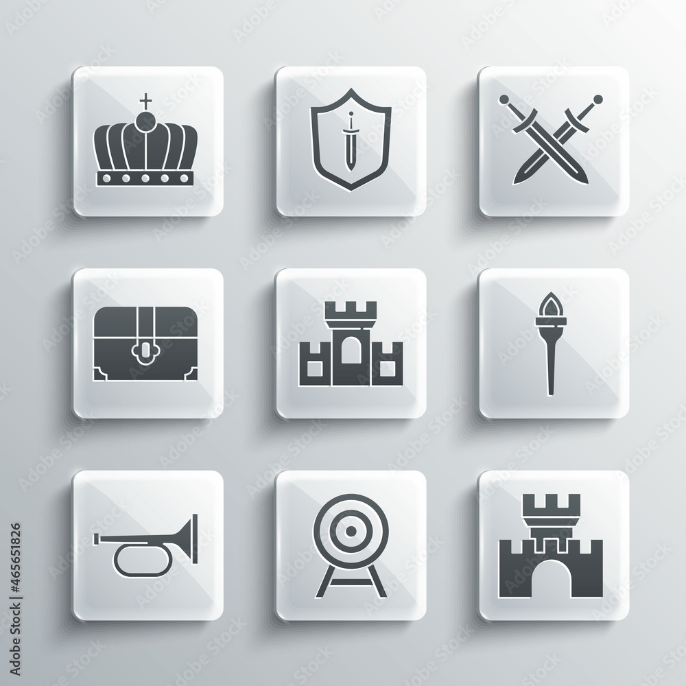 Set Target with arrow, Castle, fortress, Torch flame, Trumpet, Antique ...