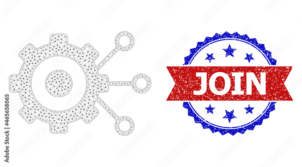 Join grunge seal print, and gear connections icon net structure. Red ...