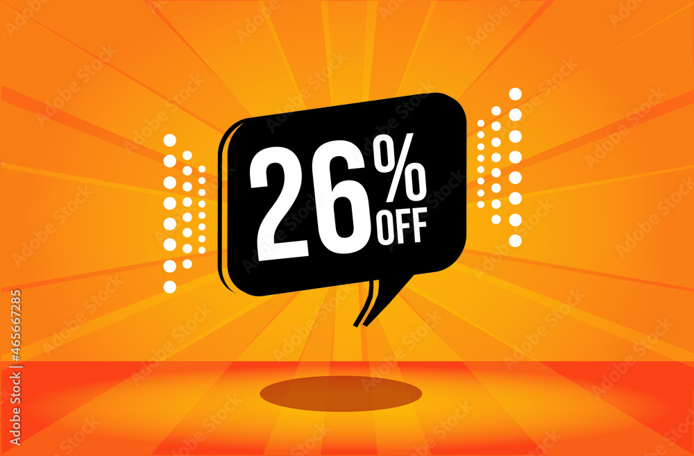 26 percent discount. Orange banner with floating balloon for promotions ...