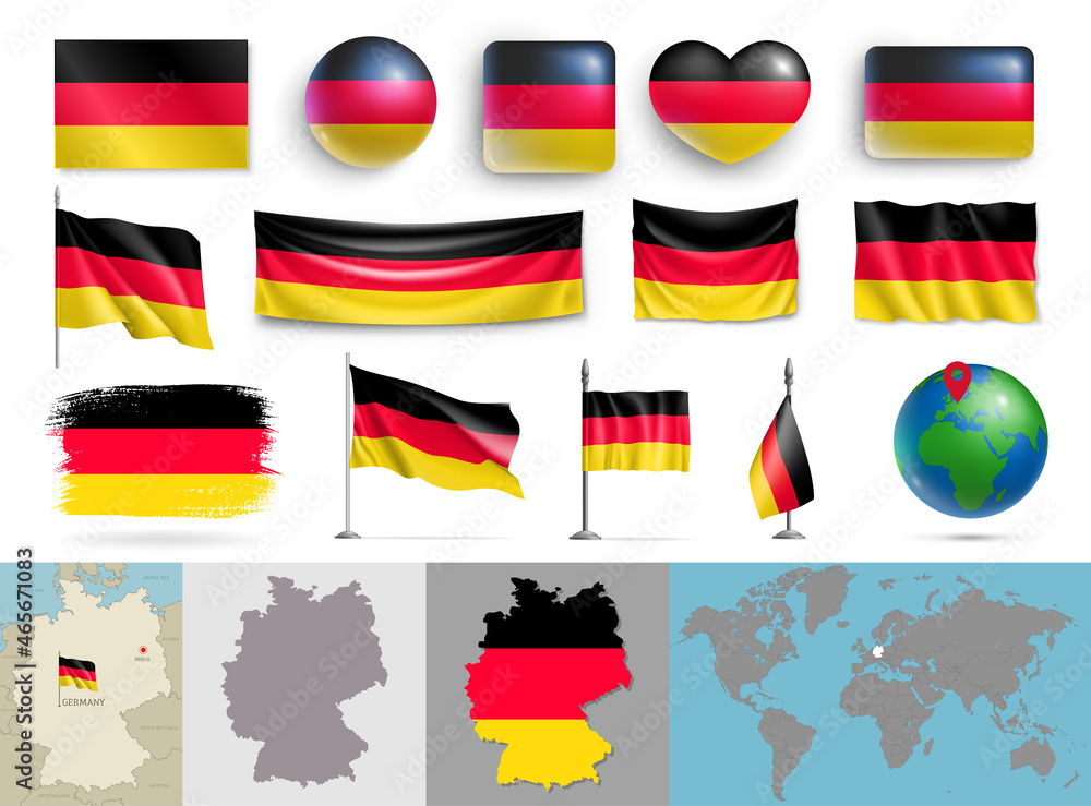 Set of Germany flags of various shapes and maps. Realistic waving ...