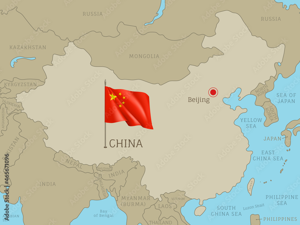 High detailed China map with flag and labelings. Editable gray ...