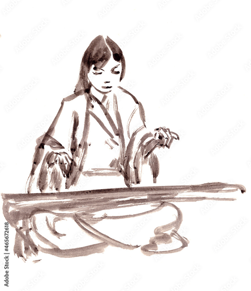 chinese girl musician in chinese costume playing guqin, ink drawing in ...