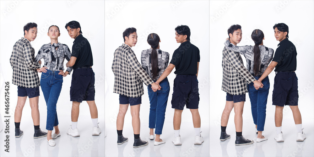 Love Triangle LGBT of two men one woman hug together as friends with ...