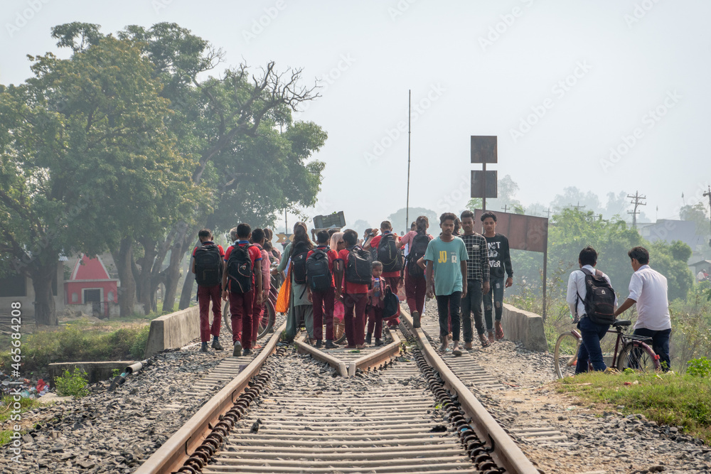 School Children Walking on Railway Tracks Stock Photo | Adobe Stock