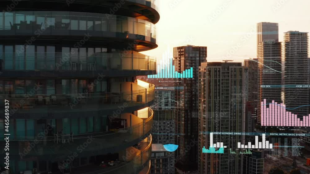 Stock market Charts and Graphs on finance, sunset city of London in ...