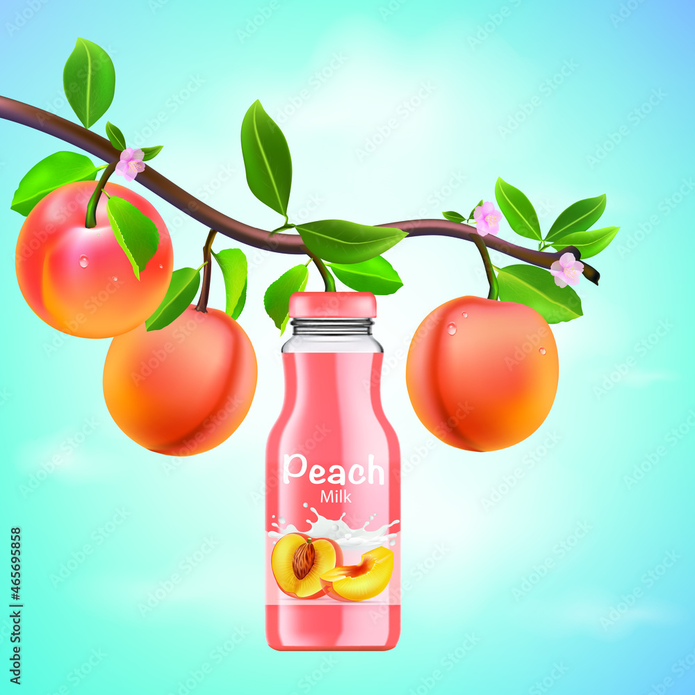 The branches of the peach tree that bear fruit form a bottle of peaches ...
