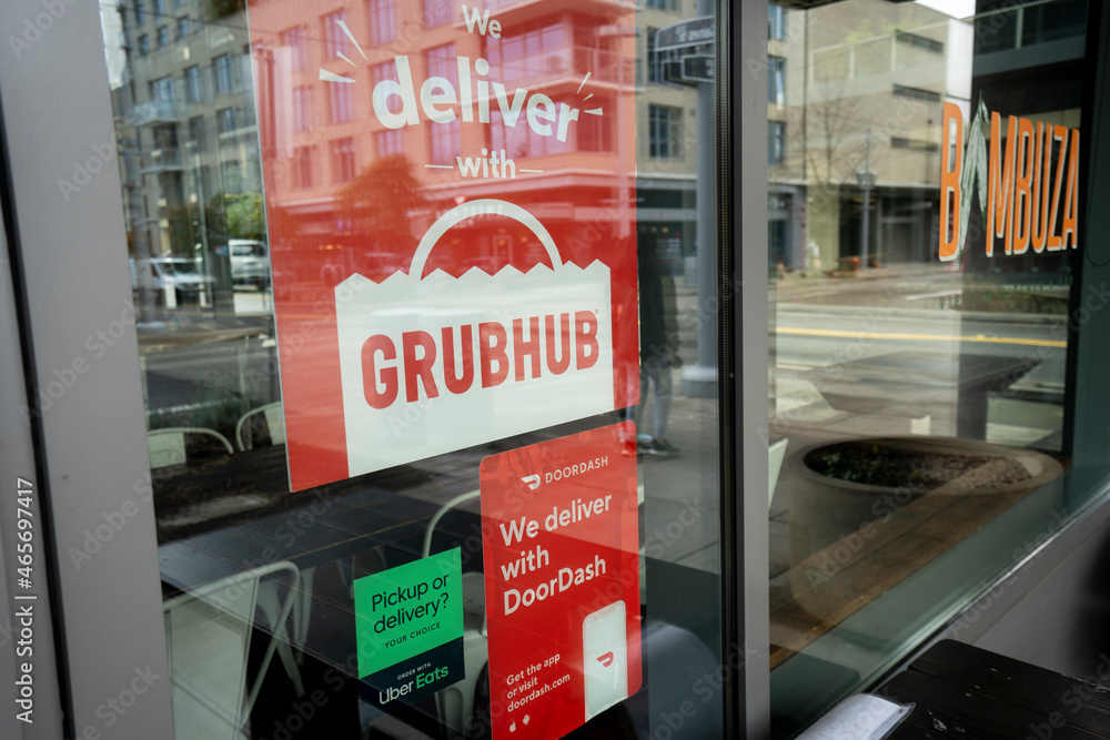 Portland, OR, USA - Oct 27, 2021: Stickers of popular food delivery ...