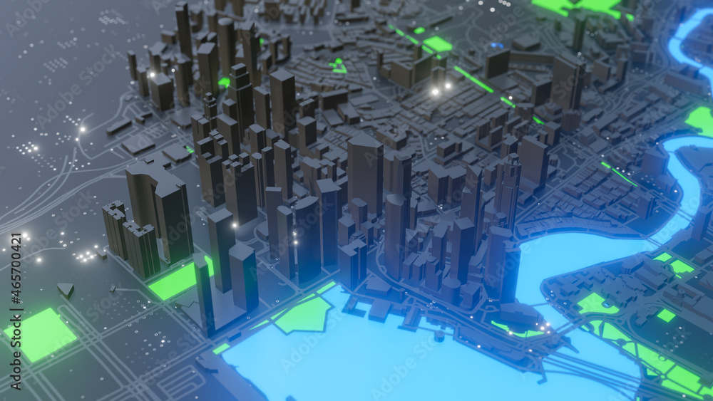 Abstract neon glowing Smart city with buildings and streets Stock ...