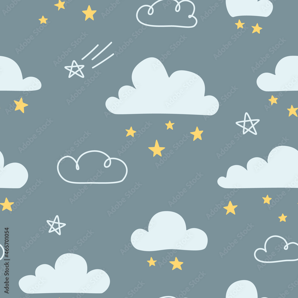 Cute night sky cloud and rain of stars doodle pattern. Seamless texture ...