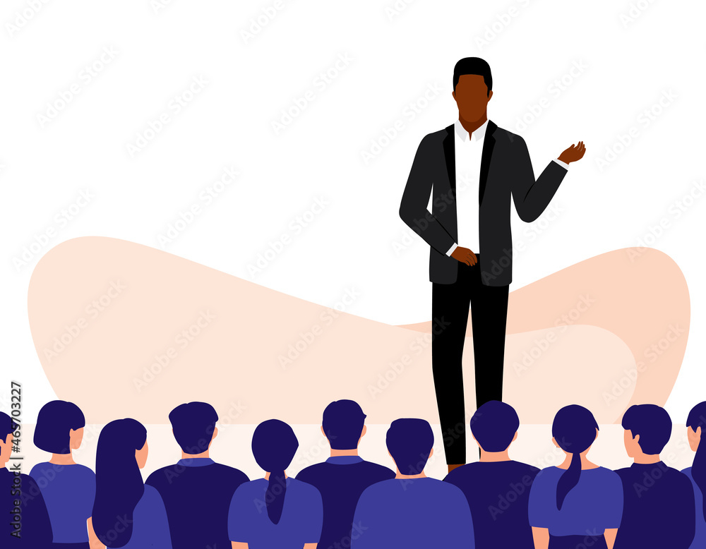 Black Male Public Speaker Giving Speech On Stage With Wide Audience ...