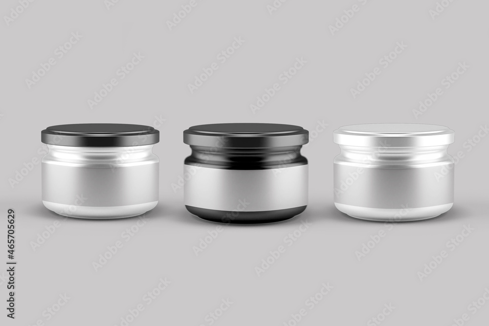 Empty blank small glass jar mock up isolated on a grey background. zero ...