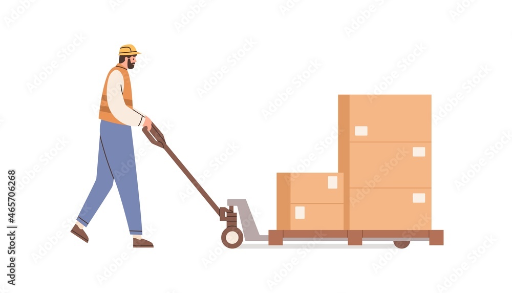 Warehouse worker transporting carton boxes of parcels on pallet jack ...