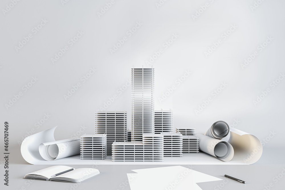 Skyscraper project with paperwork on white background. Architecture and ...