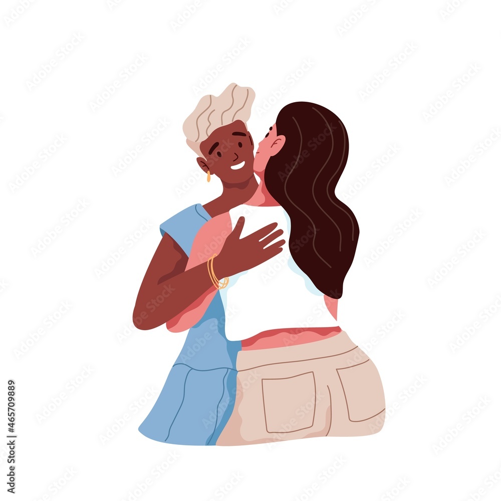 Two women hugging, greeting each other. Happy female friends meeting ...