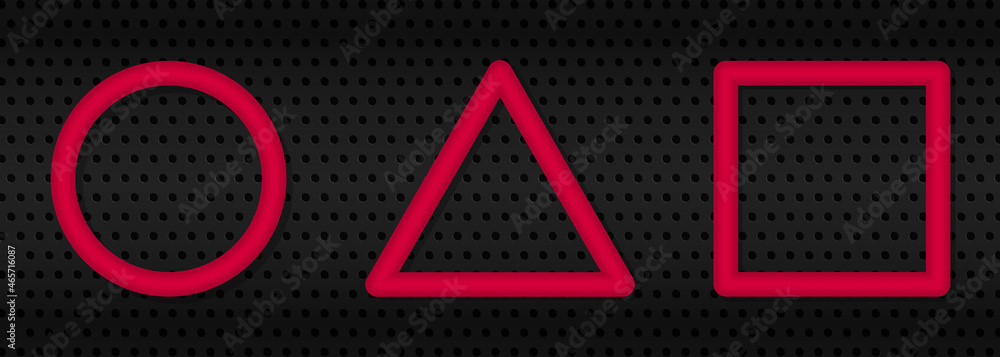 Realistic Red Circle, Triangle, Square on Black Metal Background ...