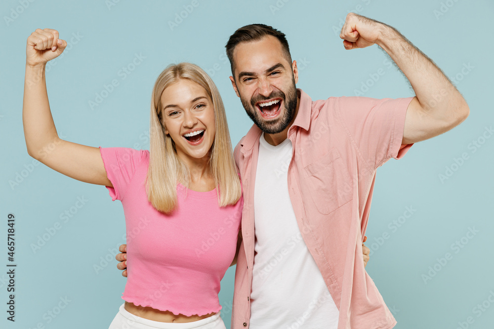 Young overjoyed excited couple two friends family man woman in casual ...