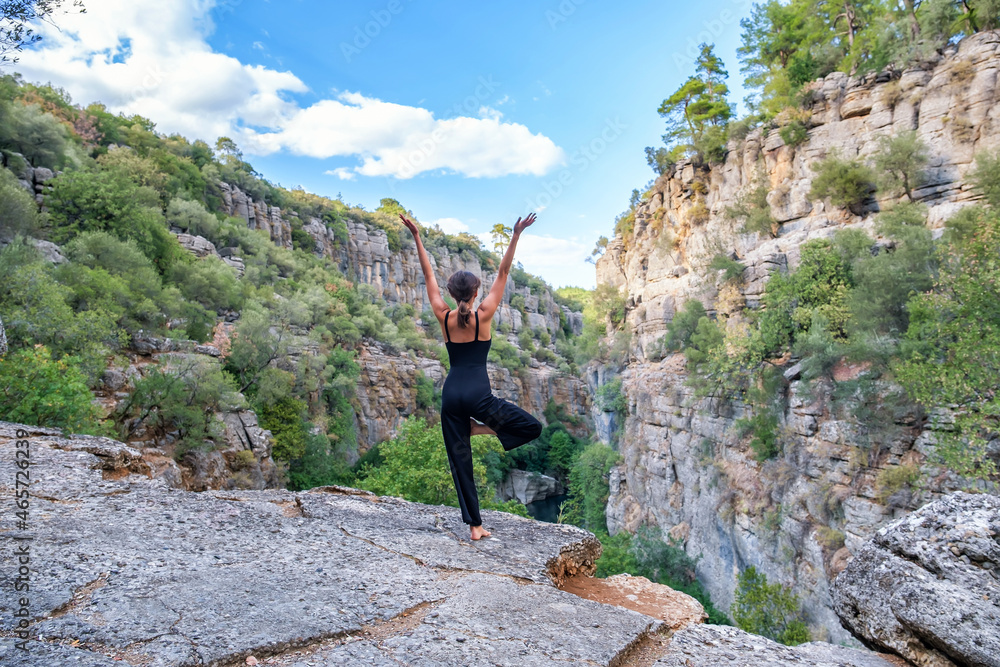 Full body back view of anonymous female practicing Vrikshasana posture ...