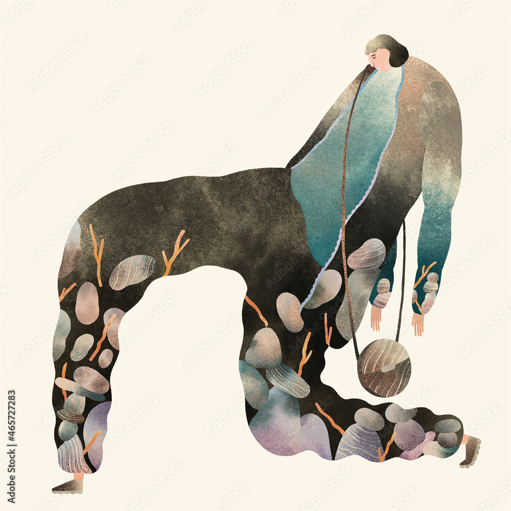 Depressed woman weighed down by stones Stock Illustration | Adobe Stock