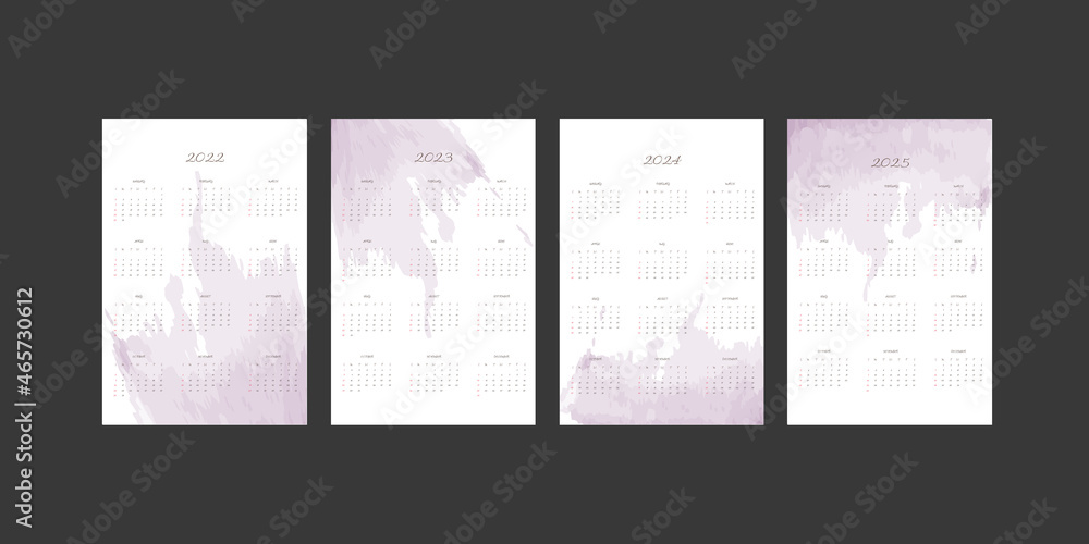 2022 2023 2024 2025 calendar collection with calligraphic font and ...