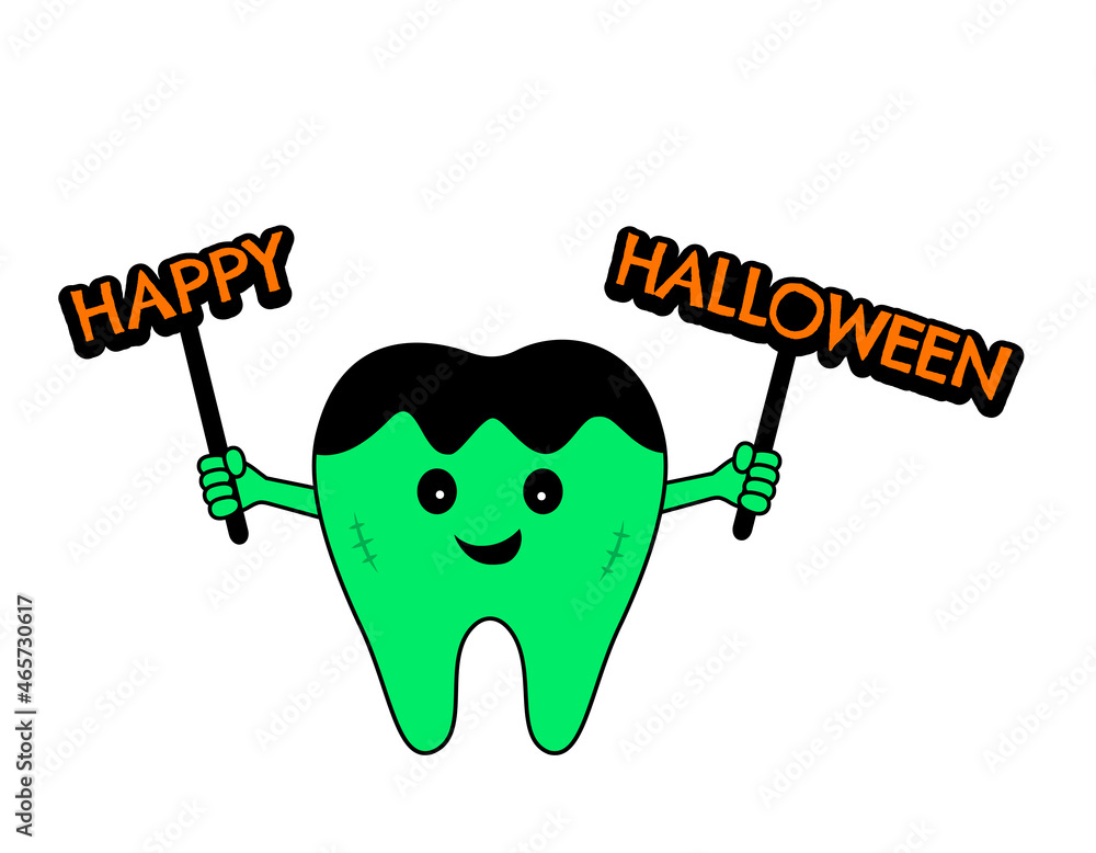 Scary cartoon zombie tooth character holding a sign. Happy halloween ...