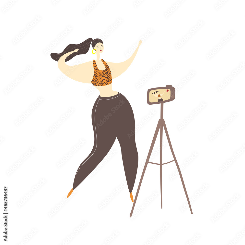 Dance challenge. Woman is dancing and recording video on camera. Young ...