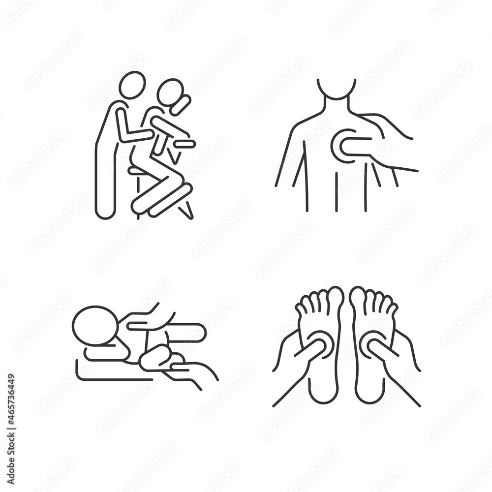 Massage therapy techniques linear icons set. Pressing on trigger points ...