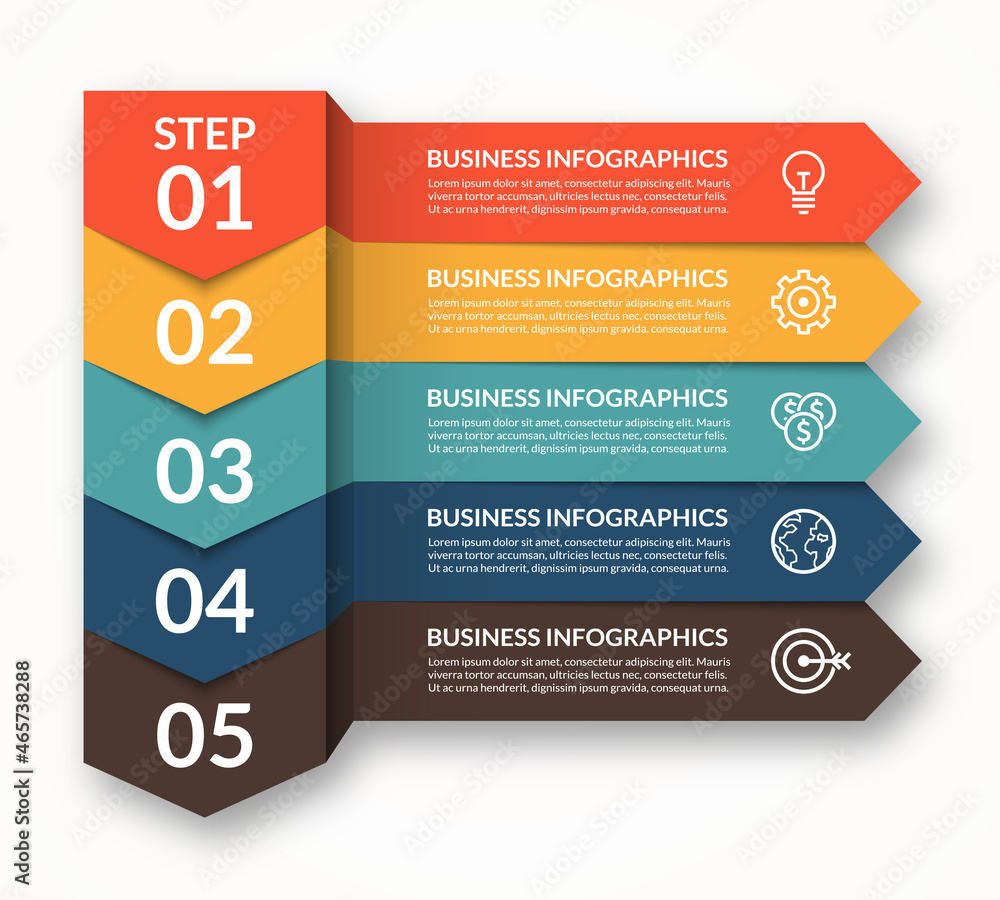 Minimal arrow infographic vector elements. 5 colorful step arrows that ...