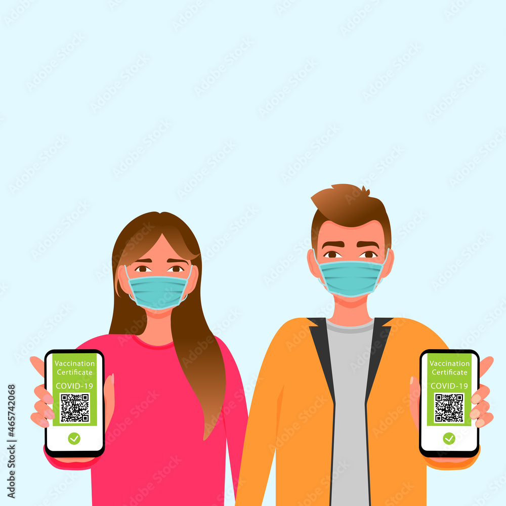 Vaccinated man and woman using digital health passports. Immunization ...