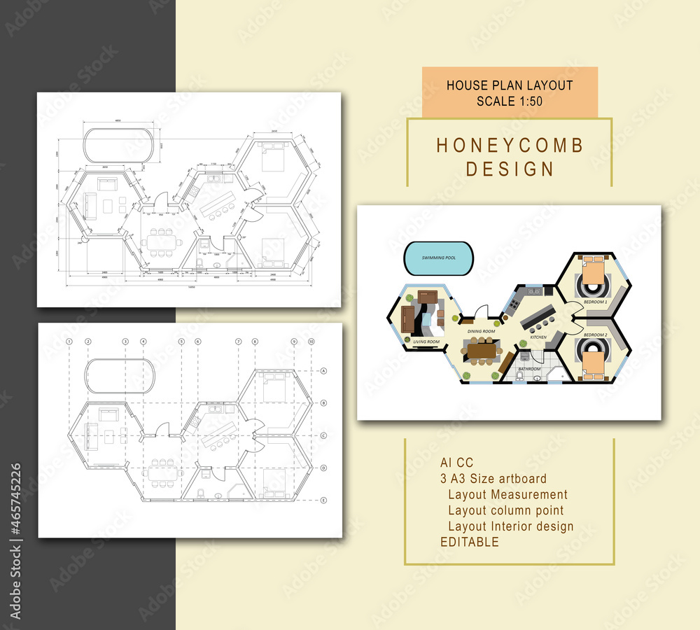 house plan layout honeycomb design, AI CC, editable, interior design ...