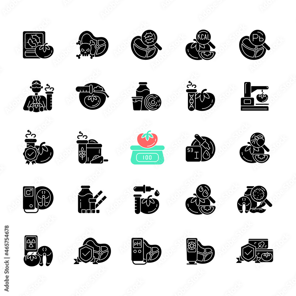 Food testing black glyph icons set on white space. Various examination ...