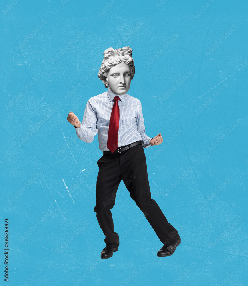 Contemporary art collage of dancing man in official suit with antique ...