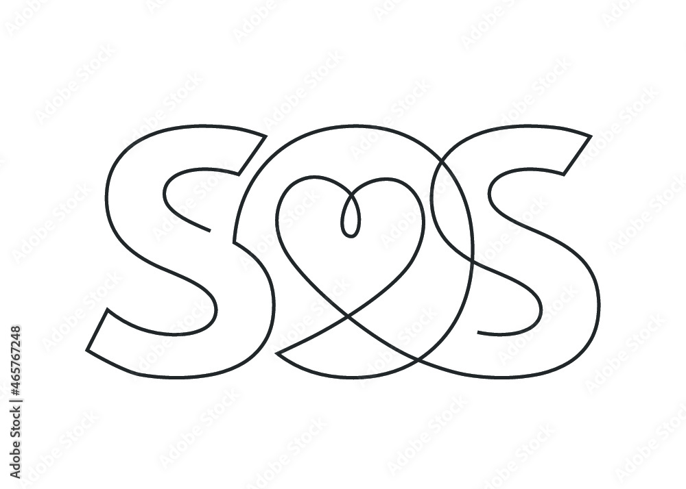 Continuous line drawing of SOS text with the heart in the middle ...