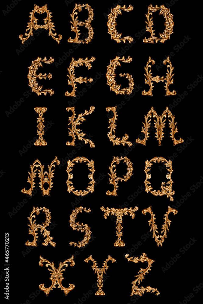 vintage drawing baroque font, golden alphabet letters. Stock ...