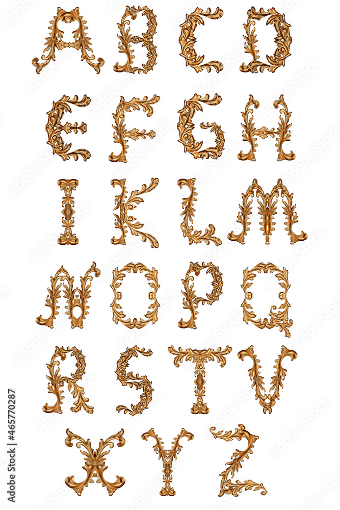 vintage drawing baroque font, golden alphabet letters. Stock ...