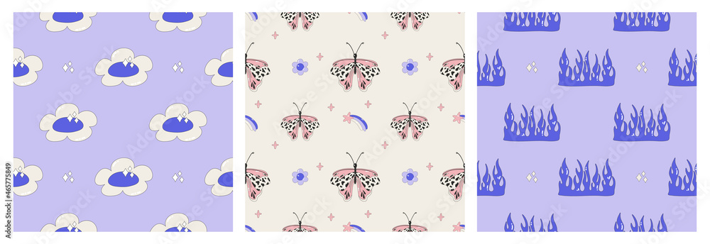 Set of seamless patterns in the style of the 2000s. Posters with ...