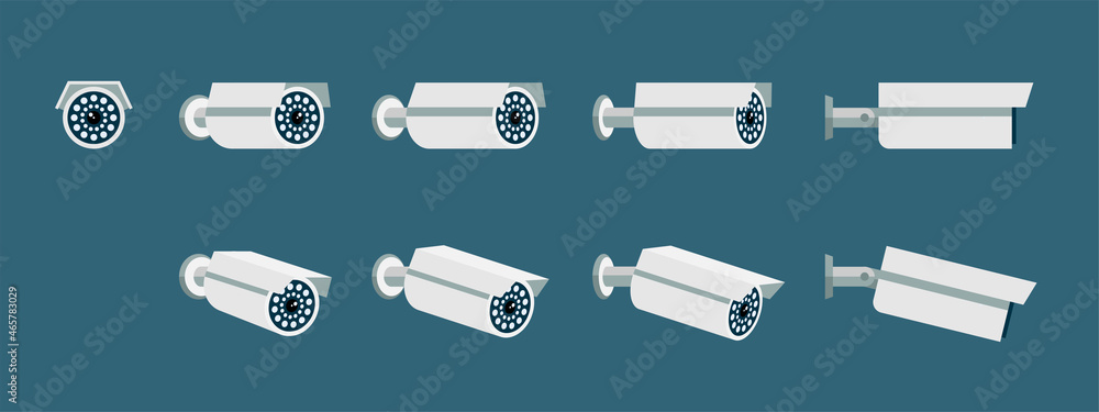 CCTV camera icon set. Security surveillance flat icons. Safety control ...