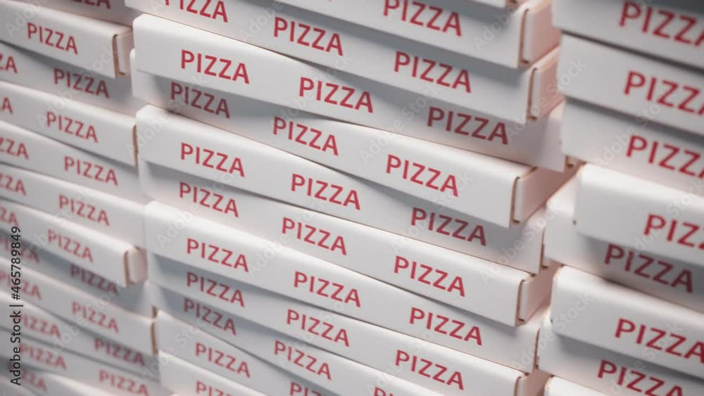 A huge pile of cardboard pizza boxes. Stack of cartons. Fast food ...