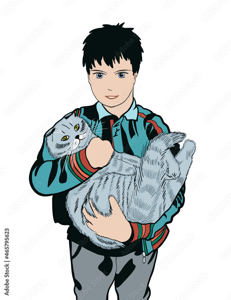 Happy boy in manga or anime styles is holding a cat. Cheerful boy with ...
