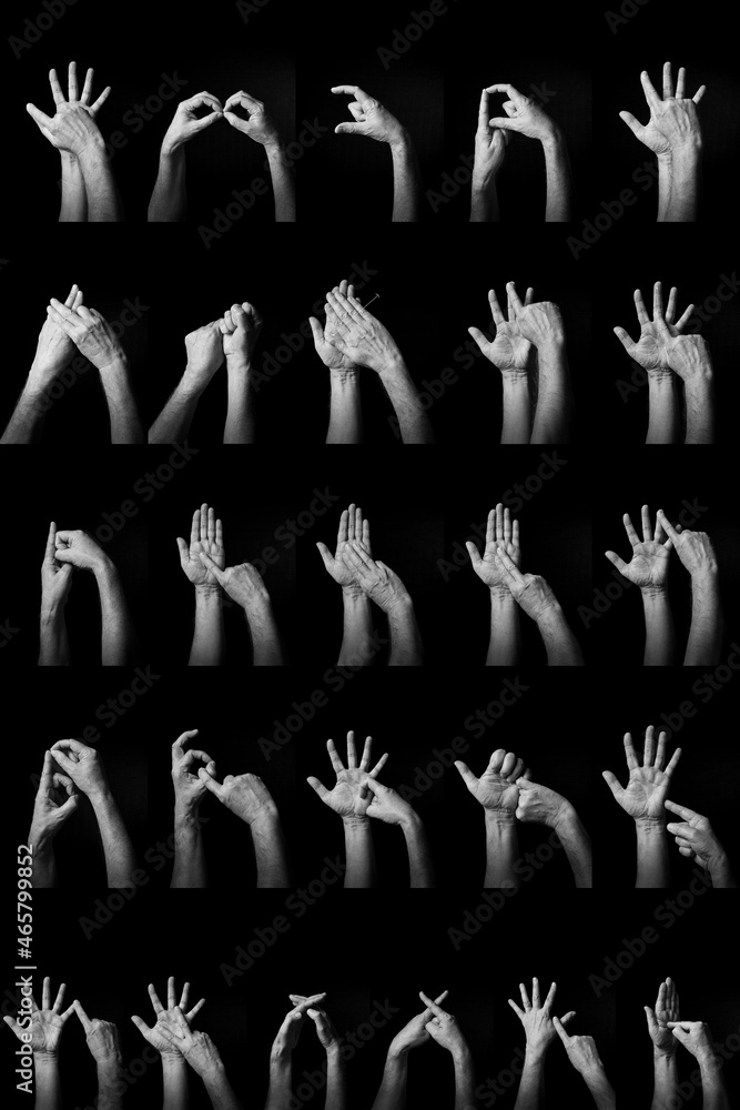 B+W image of hands demonstrating BSL sign language alphabet letters A-Z ...