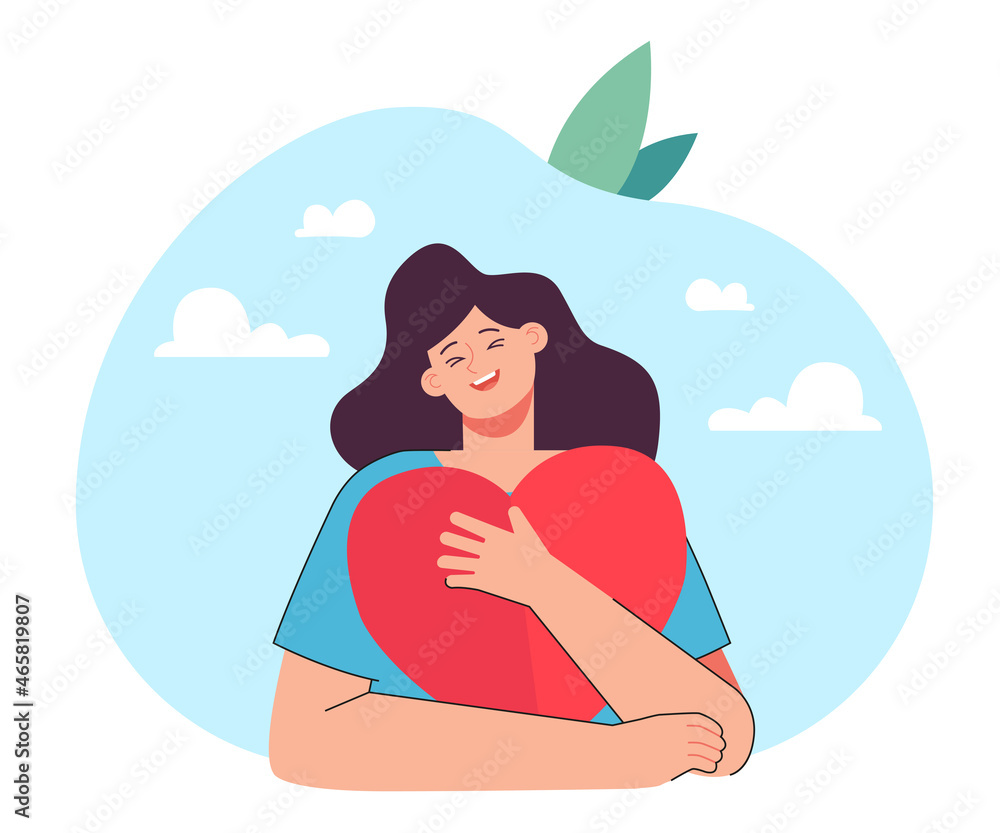 Cartoon woman embracing heart and enjoying freedom. Happy girl giving ...