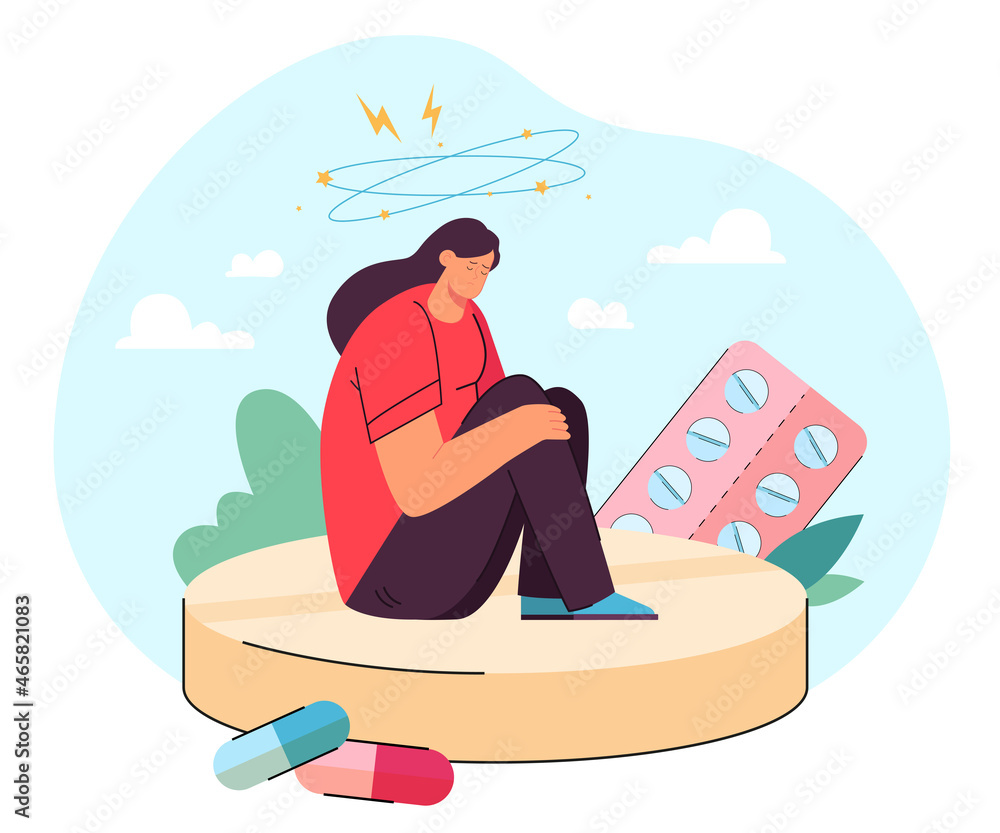 Tiny, depressed woman with anxiety sitting on large pill surrounded by ...