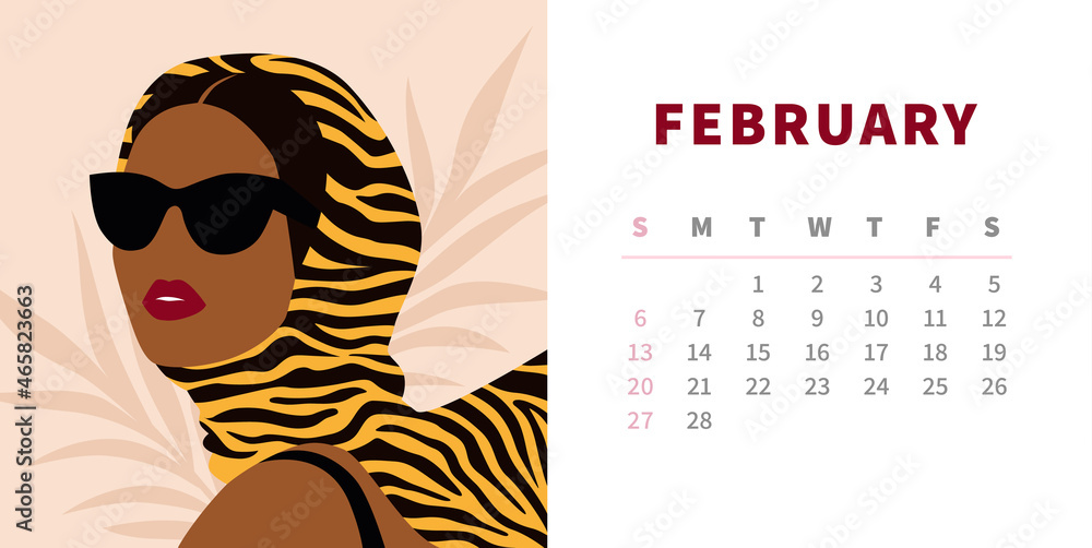 Tiger calendar design concept 2022. Woman in sunglasses and striped ...