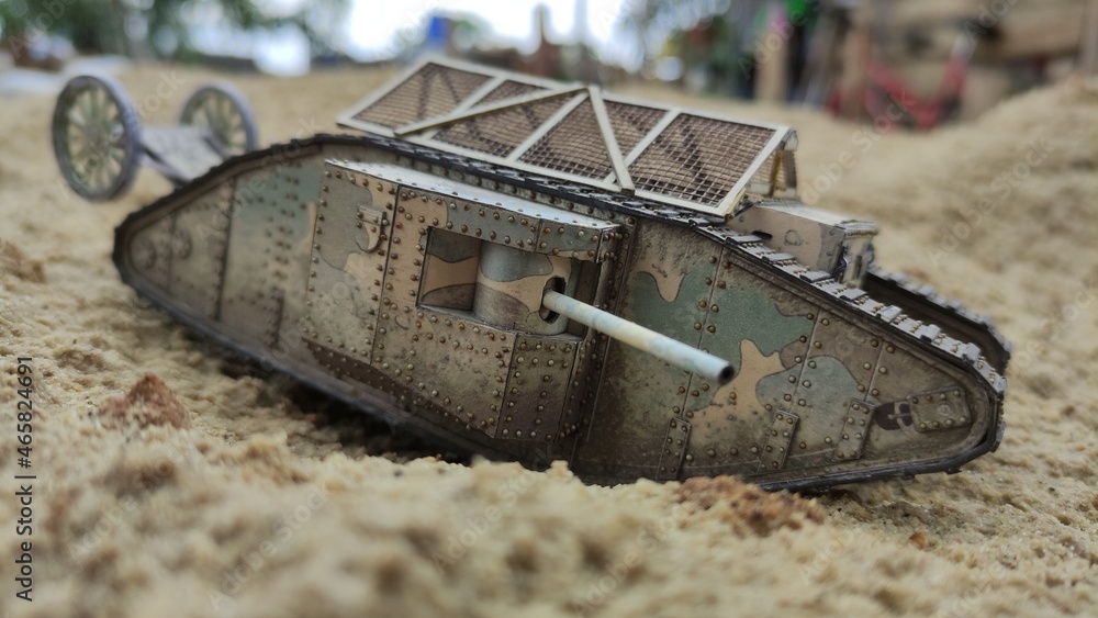 An English toy tank from the First World War. Mark I, the combat ...