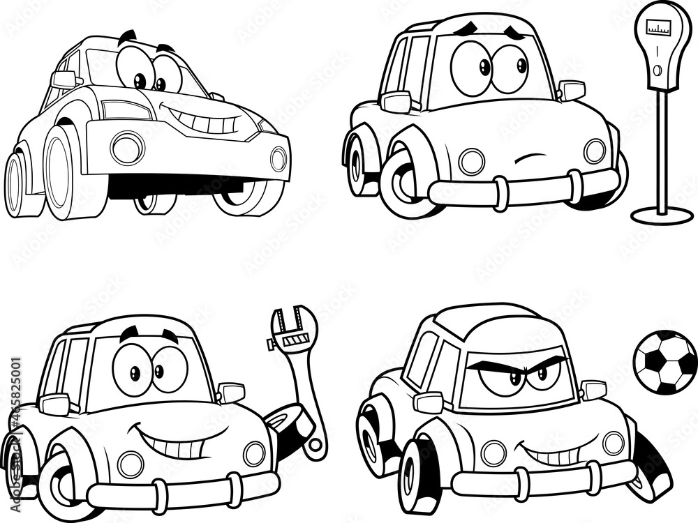 Outlined Car Cartoon Character Poses. Vector Hand Drawn Collection Set ...