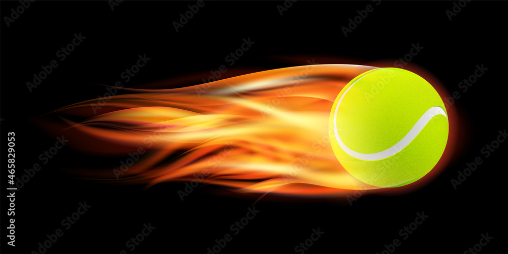 Flaming Tennis Ball. Tennis Ball flying in fire on dark background ...