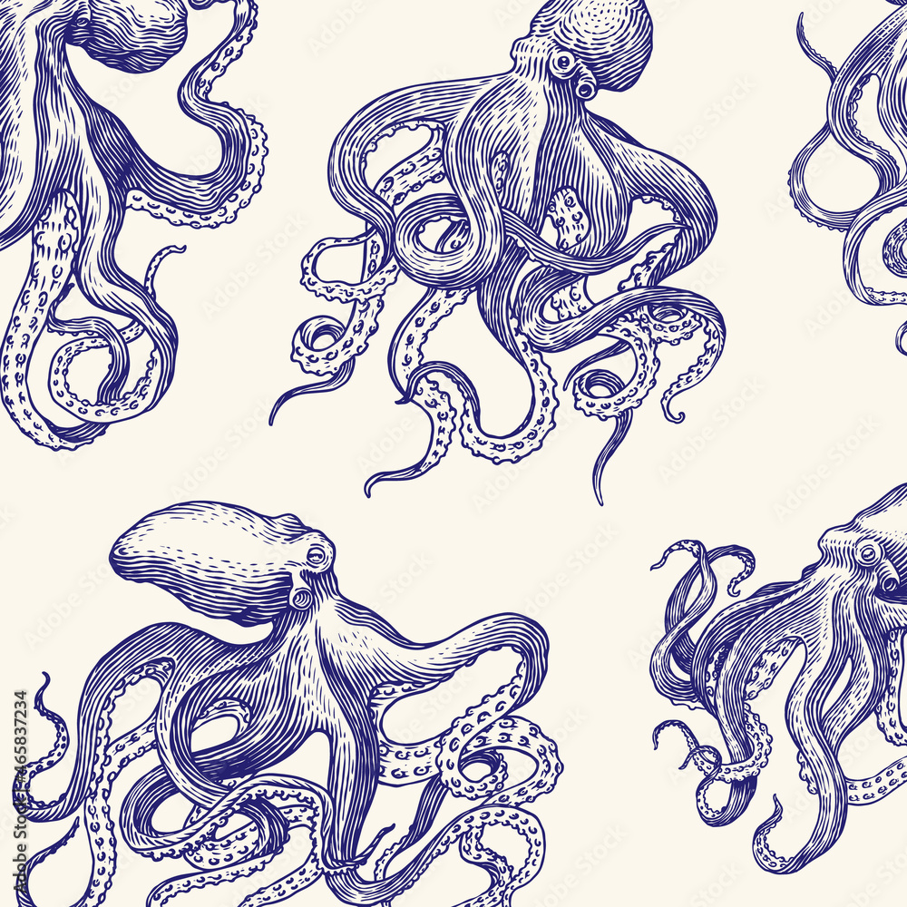 Sea octopus Seamless pattern. Engraved hand drawn in old sketch ...