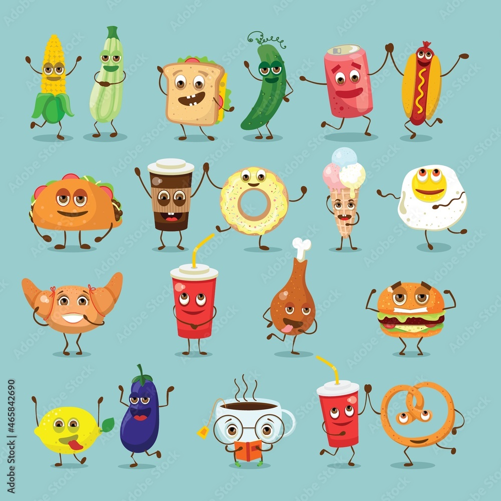 Cute funny food and drink characters set, best friends, funny fast food ...